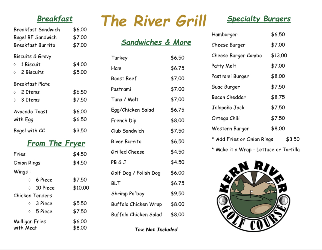 River Grill Menu - Kern River Golf Course